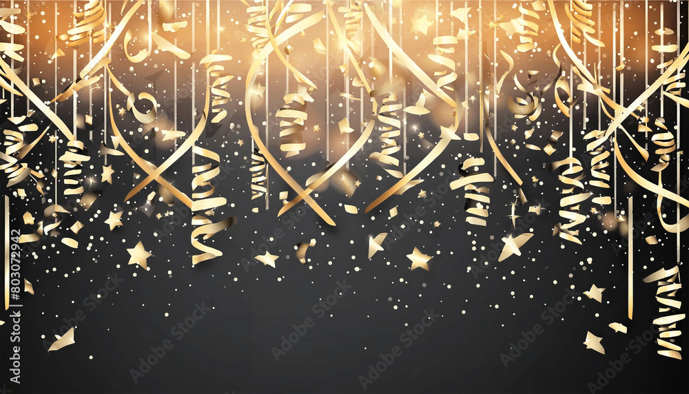 Black background or backdrop with gold golden streamers and confetti ...