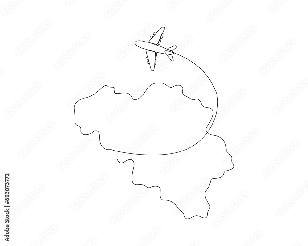Continuous one line drawing of Belgium map with airplane. Belgium map ...