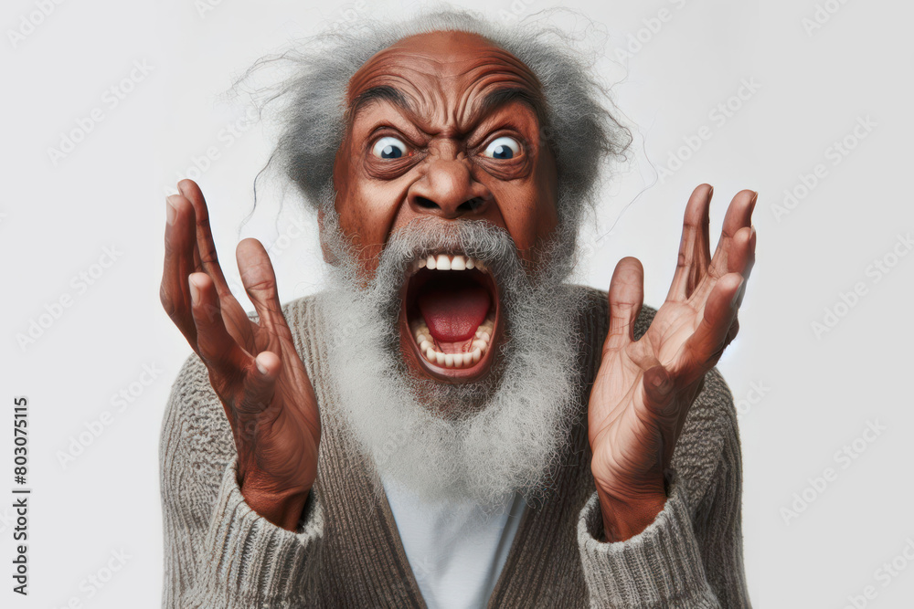 angry old black man with open mouth waving his hands on a white ...