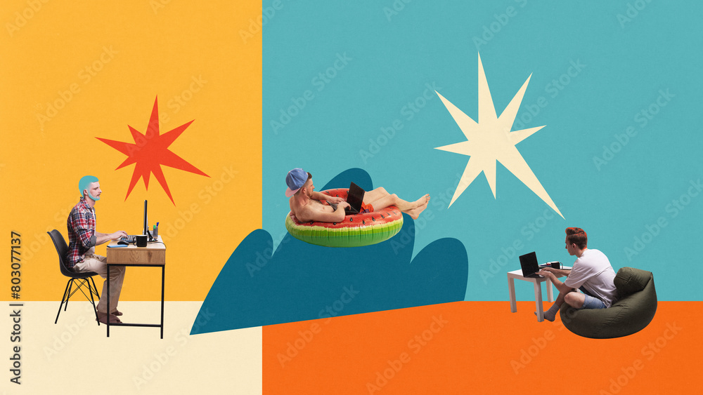 Poster. Contemporary art collage. Three men in varied settings ...