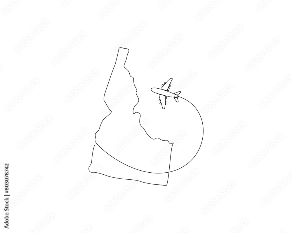 Continuous one line drawing of Idaho map with airplane. Idaho - America ...