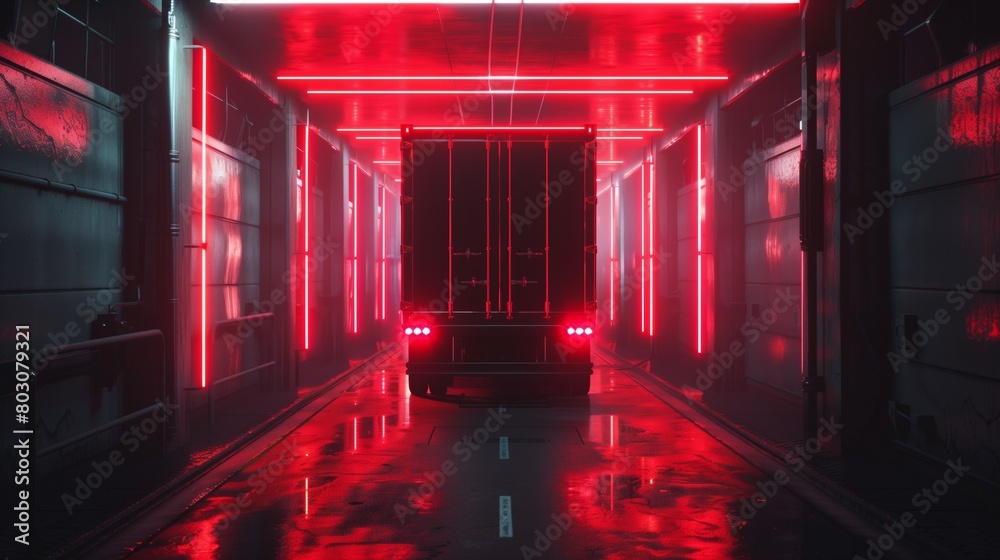 Futuristic corridor illuminated with intense red neon lights and a ...