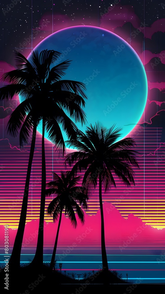 synthwave vector style wallpaper of the sun and palm trees Stock ...