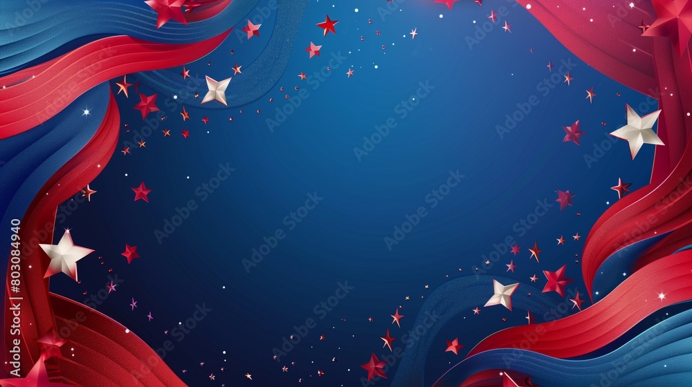 Vibrant patriotic banner with wavy red and blue ribbons and scattered ...
