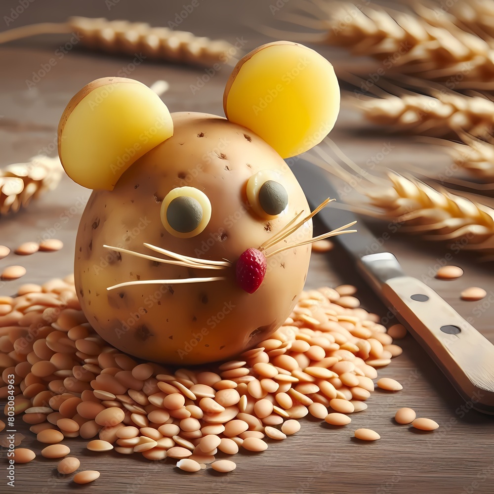 mouse made with the body of a potato, two eyes with two lentils and two ...