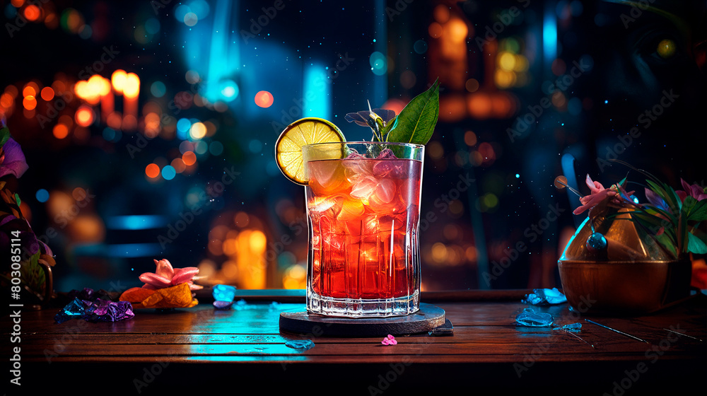 Colorful cocktails in a glass on the bar counter, neon lights on dark ...