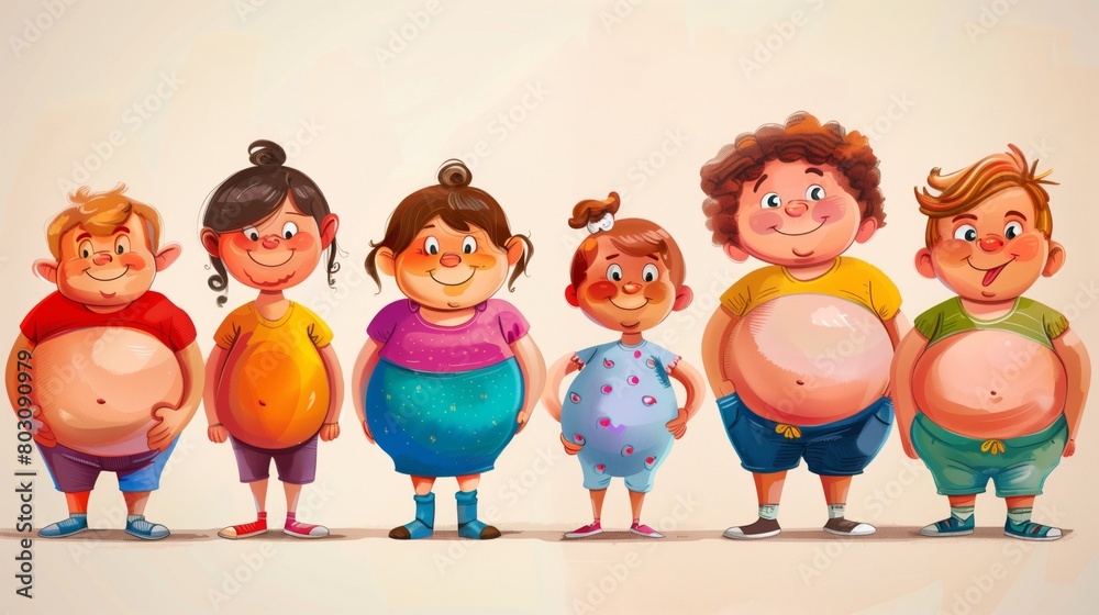Colorful illustration of seven chubby animated children standing side ...