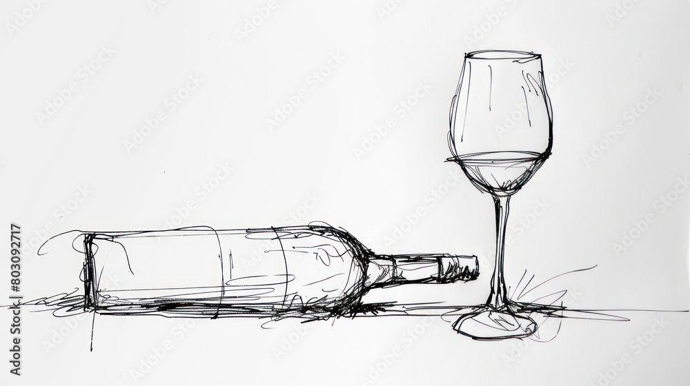 Simple line drawing of a glass of wine and a bottle of wine. Wine ...