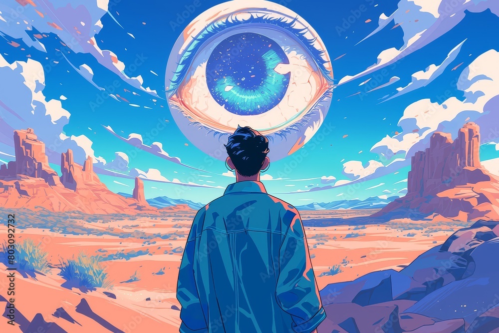 psychedelic art of an eye floating in the sky, colorful, epic landscape ...