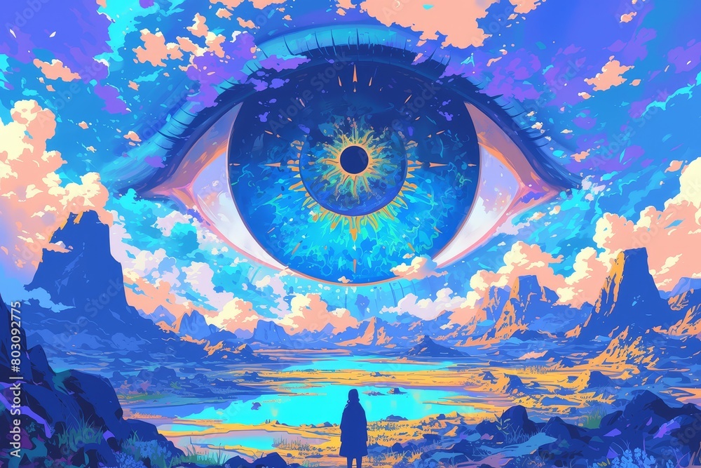 psychedelic art of an eye floating in the sky Stock Illustration ...