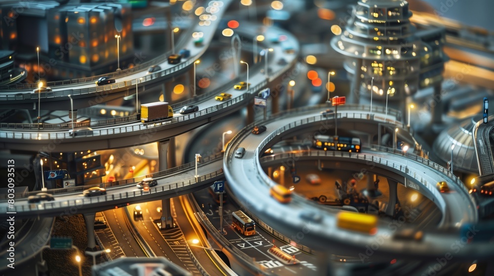 Detailed miniature model of a bustling, multi-level urban road system ...
