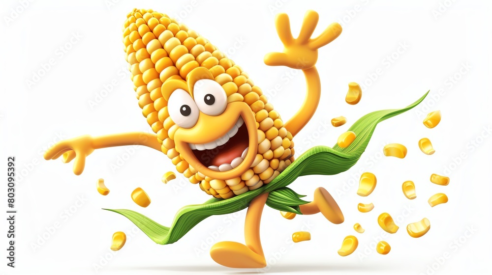 Joyful cartoon corn cob jumping with excitement, dynamic pose, pure ...
