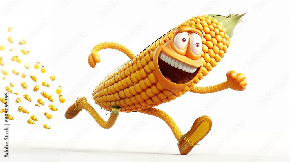Joyful cartoon corn cob jumping with excitement, dynamic pose, pure ...