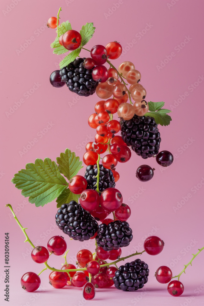 Gros plan sur des fruits rouges, groseilles, mûrs, framboises en l'air ...