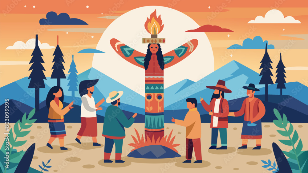 A group of indigenous people in traditional attire performing a ritual ...