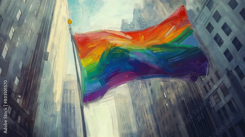 Vibrant rainbow flag on city street in oil painting style ...