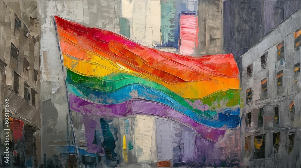 Vibrant rainbow flag on city street in oil painting style ...
