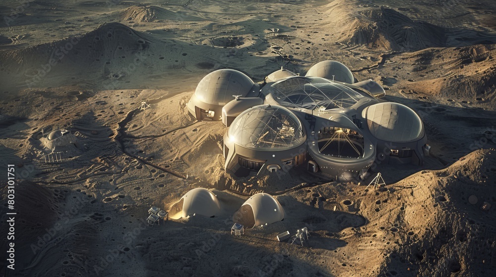 Futuristic 3D-printed lunar base on the moon constructed with regolith ...