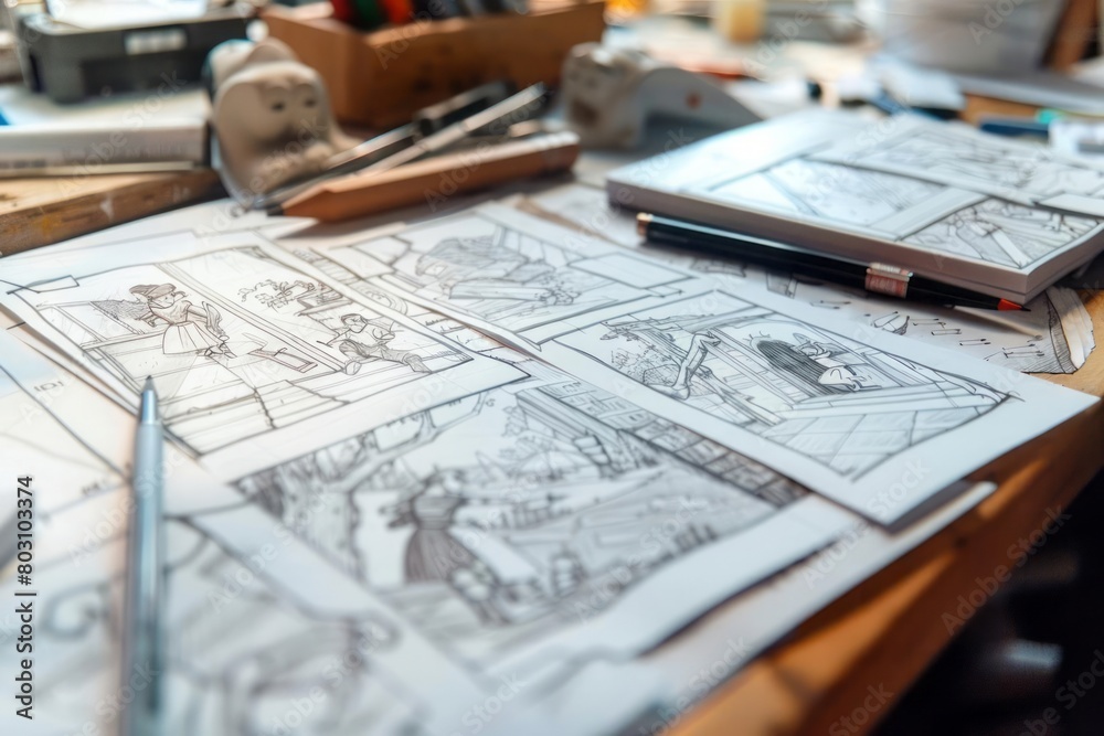 The storyboard planning phase of a stop-motion animation, with sketches ...