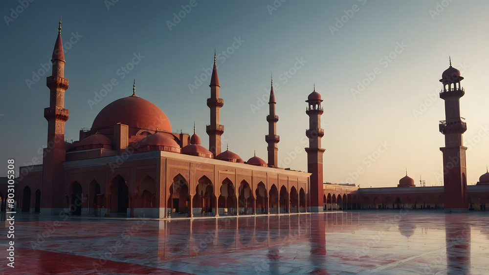 Large and majestic red mosque and silhouettes warm landscape feel with ...