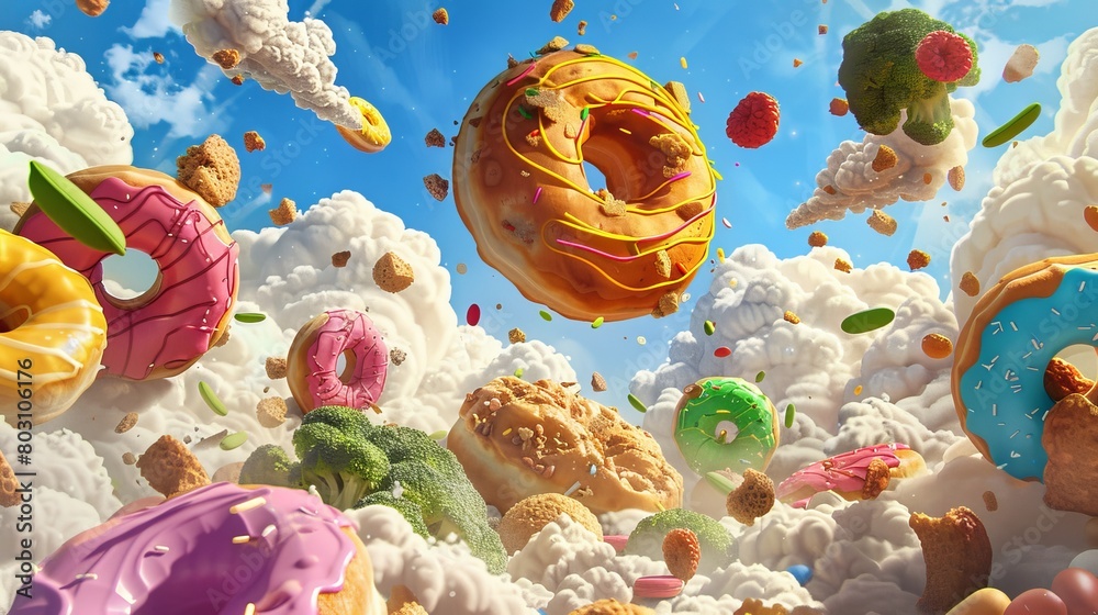 Vibrant cartoon illustration of a dynamic food fight with giant ...