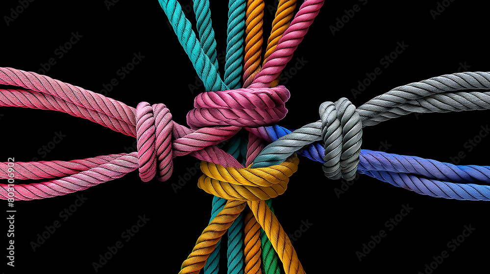 Colorful rope with a knot in the center on a black background ...