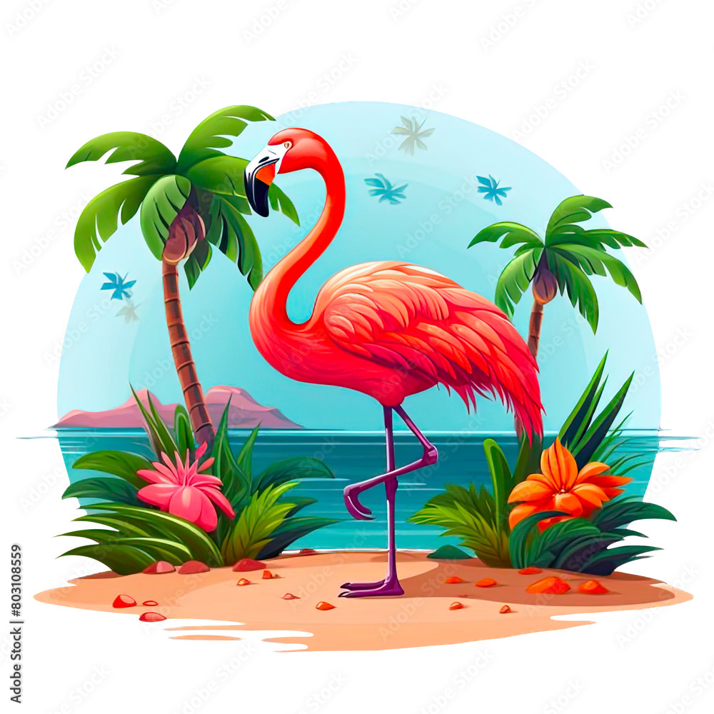 Pink flamingo on paradise island clip art illustration. Flamingo on ...
