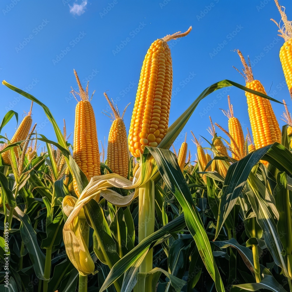 An inviting scene at an organic corn farm, tall stalks with ripe ears ...