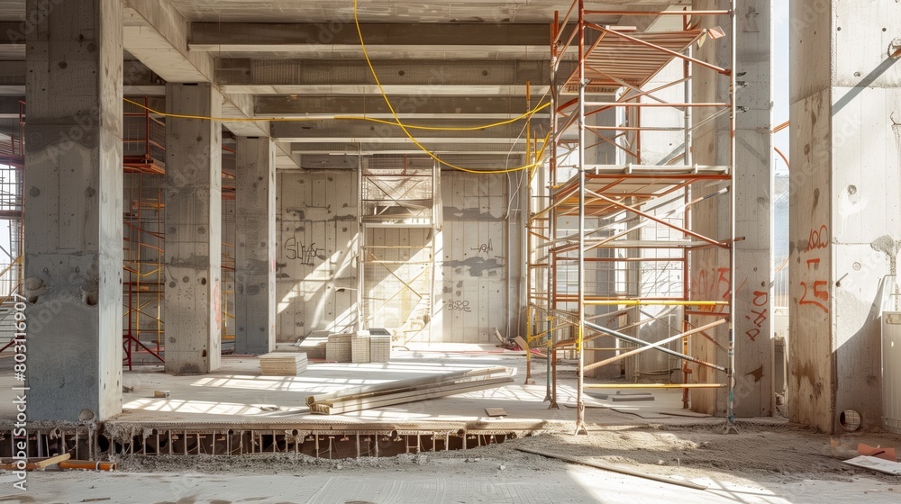 Bright and detailed image of an unfinished building interior with ...