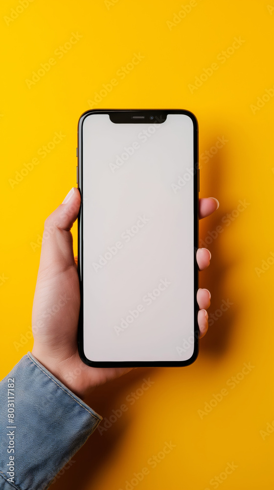 Hand holding communication device with white screen against yellow ...