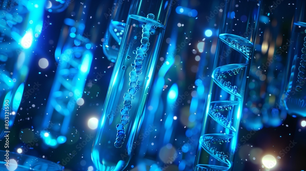 rendering, several test tubes filled with blue liquid and DNA strands ...