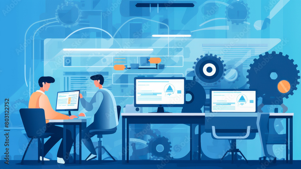Quality assurance lab with software testers and floating bug/checkmark ...