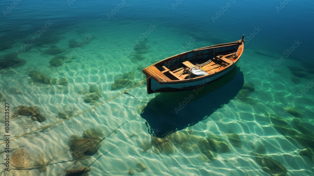 A fishing boat's shadow on the sea floor, clear water, surreal view ...