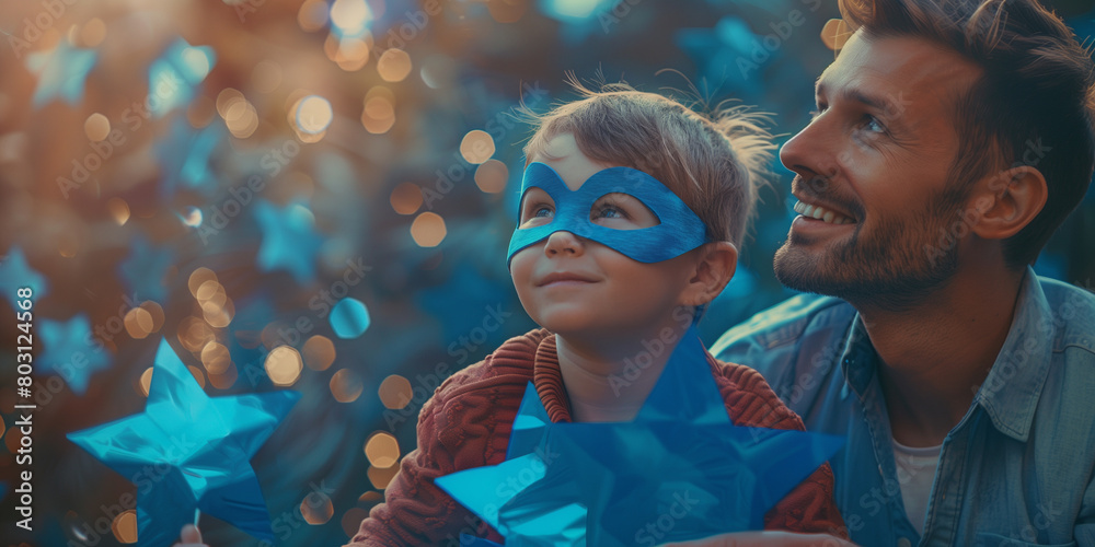 Happy Father's Day. Father and son dressed as superheroes, sharing a ...