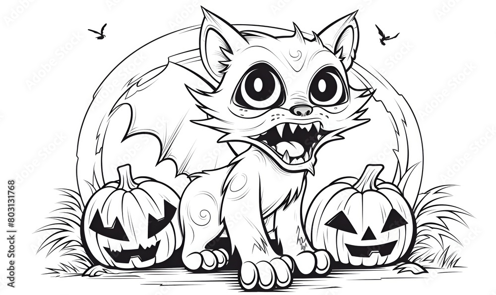 Coloring book page for kids of a cute cartoon devil cat with big eyes ...