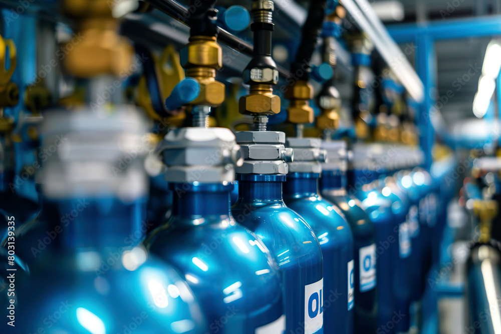 Blue oxygen tanks. Bundle of gas cylinder and high pressure gauges ...