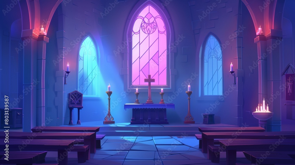 Featuring an altar, wooden benches, tall arch window, and candles, this ...
