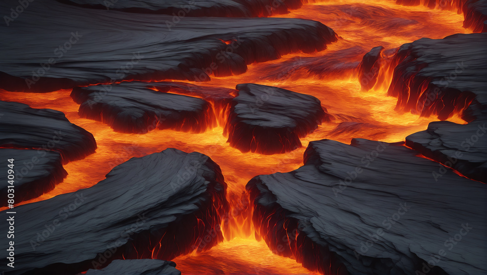 An image capturing the majestic beauty of flowing magma, with vibrant ...