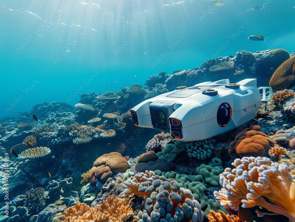 Autonomous underwater robot exploring coral reefs, clear blue water ...