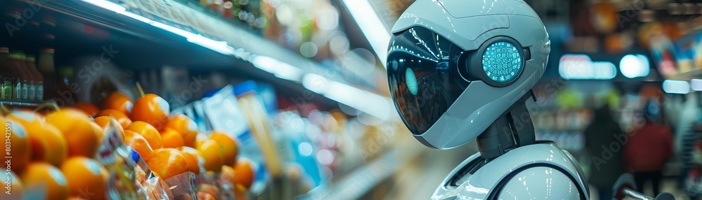 Humanoid robot assisting with grocery shopping, pushing a cart and ...