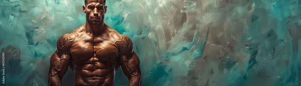 Create an image of a very muscular man with bulging biceps and a ...