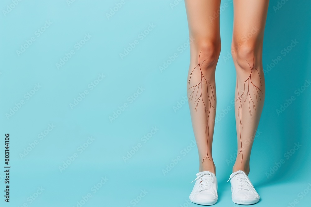 Patient with sign of varicose veins symptoms on a legs. Blue background ...