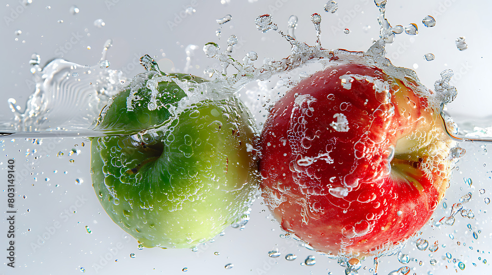 one green apple and one red apple exploding on the water, with soda ...