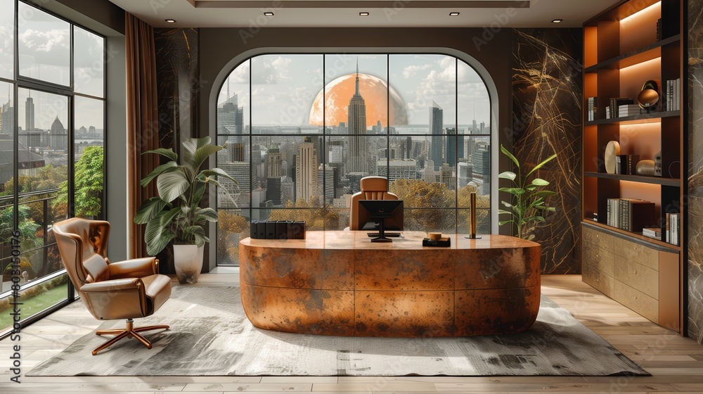 Grand office setting featuring a marble and gold desk, plush leather ...