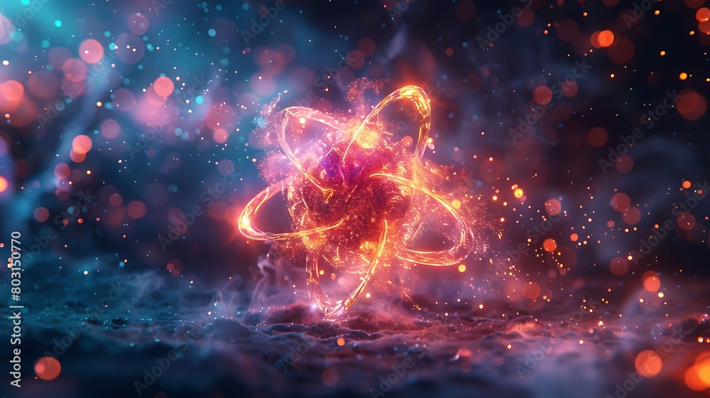 Depict a highly stylized model of an atom, with electrons spinning ...