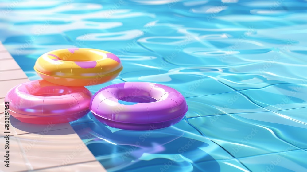 Swimming pool with colorful inflatable rings floating on clean water ...