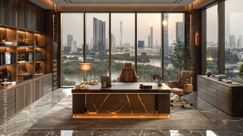 Sophisticated office design featuring gold accents, oak wood detailing ...