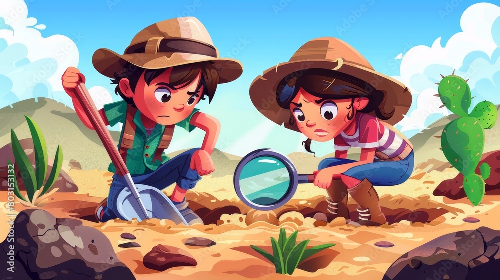 Cartoon illustration of children digging sand in a rural field as ...