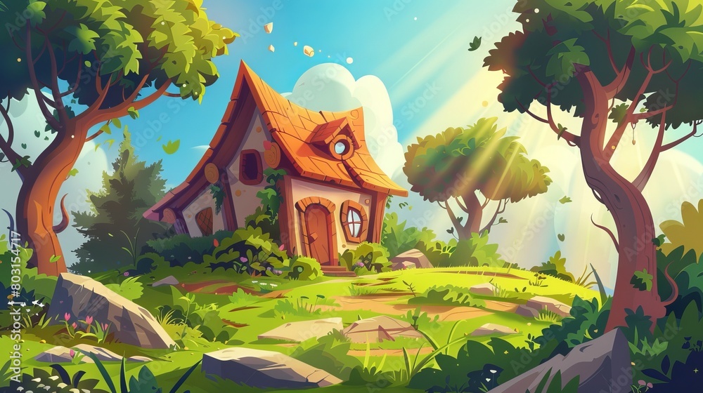 In a summer forest, an old shack, a forester's hut with falling sun ...