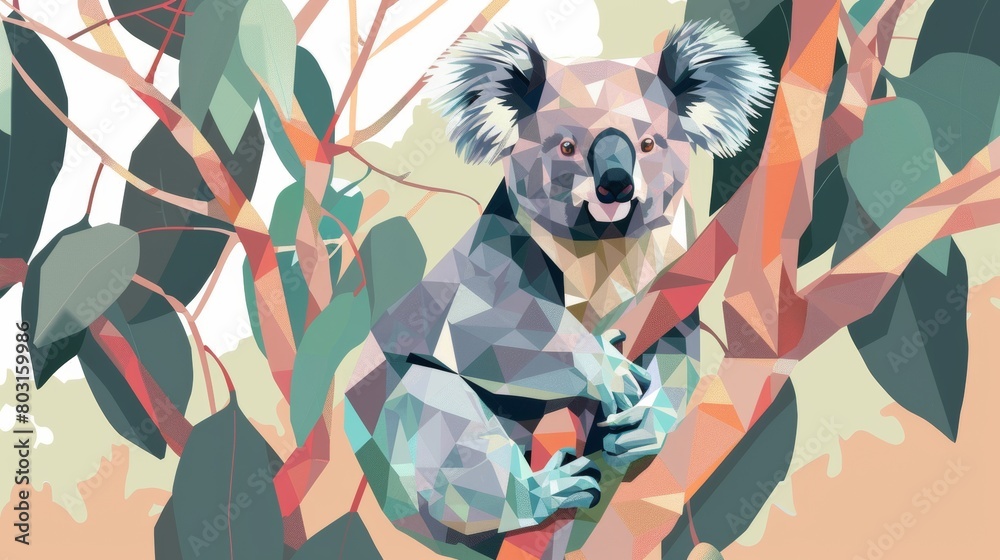 Colorful geometric illustration of a koala in a natural setting ...